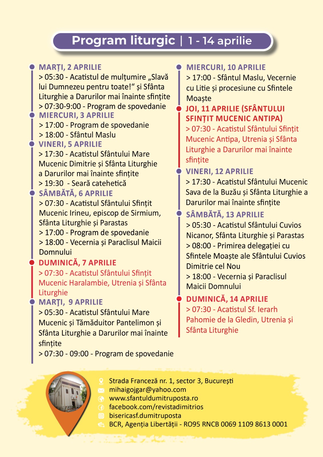 Program liturgic – 1-14 aprilie 2024 – Biserica Sfântul Dumitru-Poștă