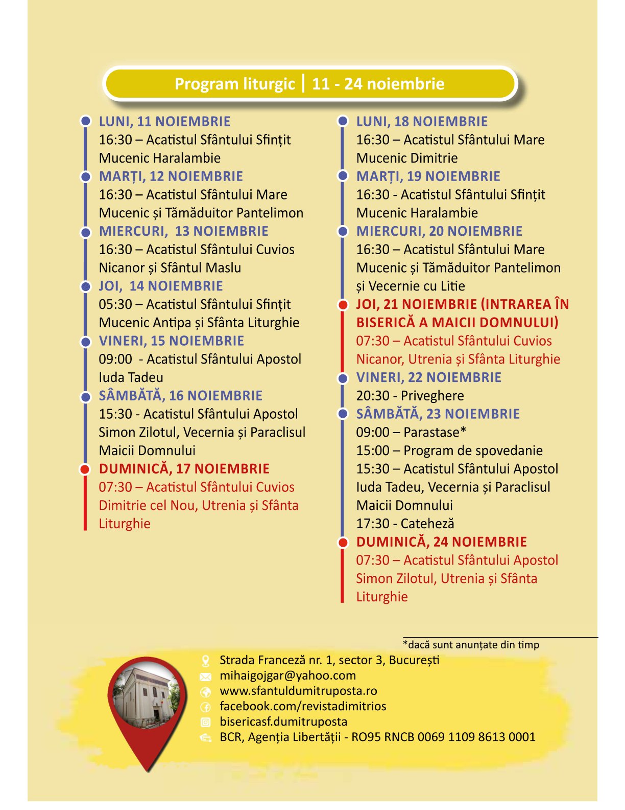 Program liturgic – 11-24 noiembrie 2024 – Biserica Sfântul Dumitru-Poștă