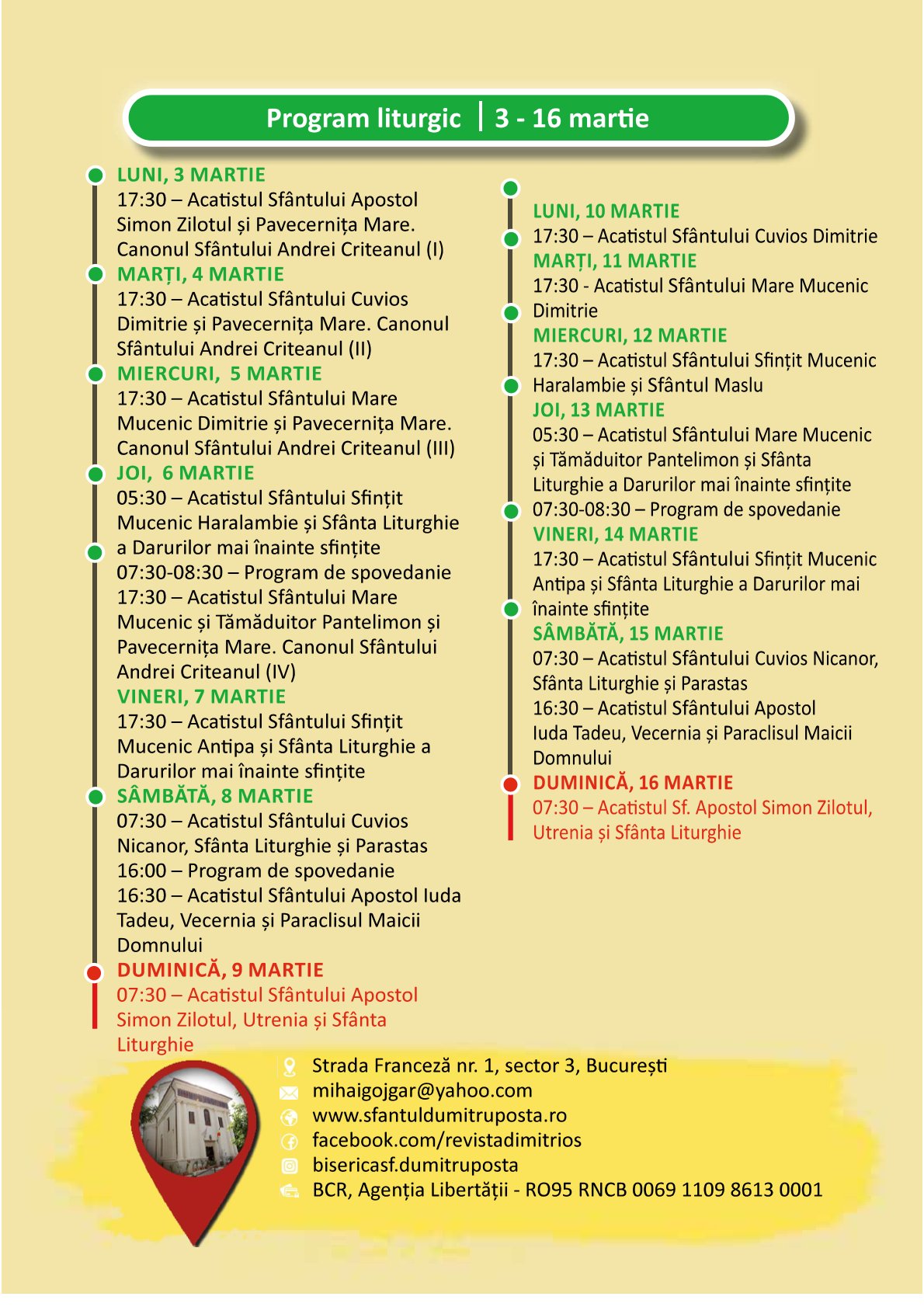 Program liturgic – 3-16 martie 2025 – Biserica Sfântul Dumitru-Poștă